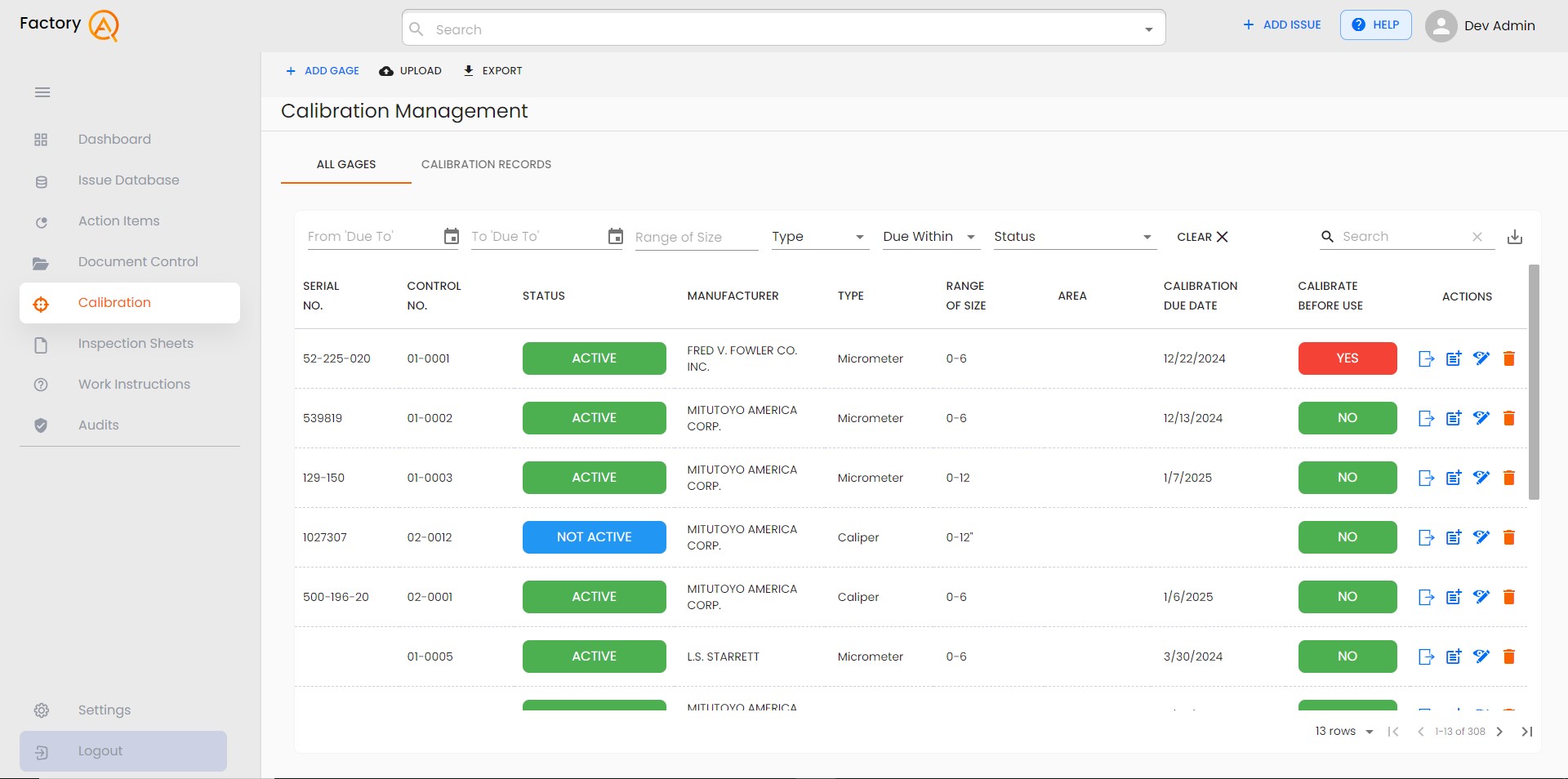 Calibration Management - FactoryQA